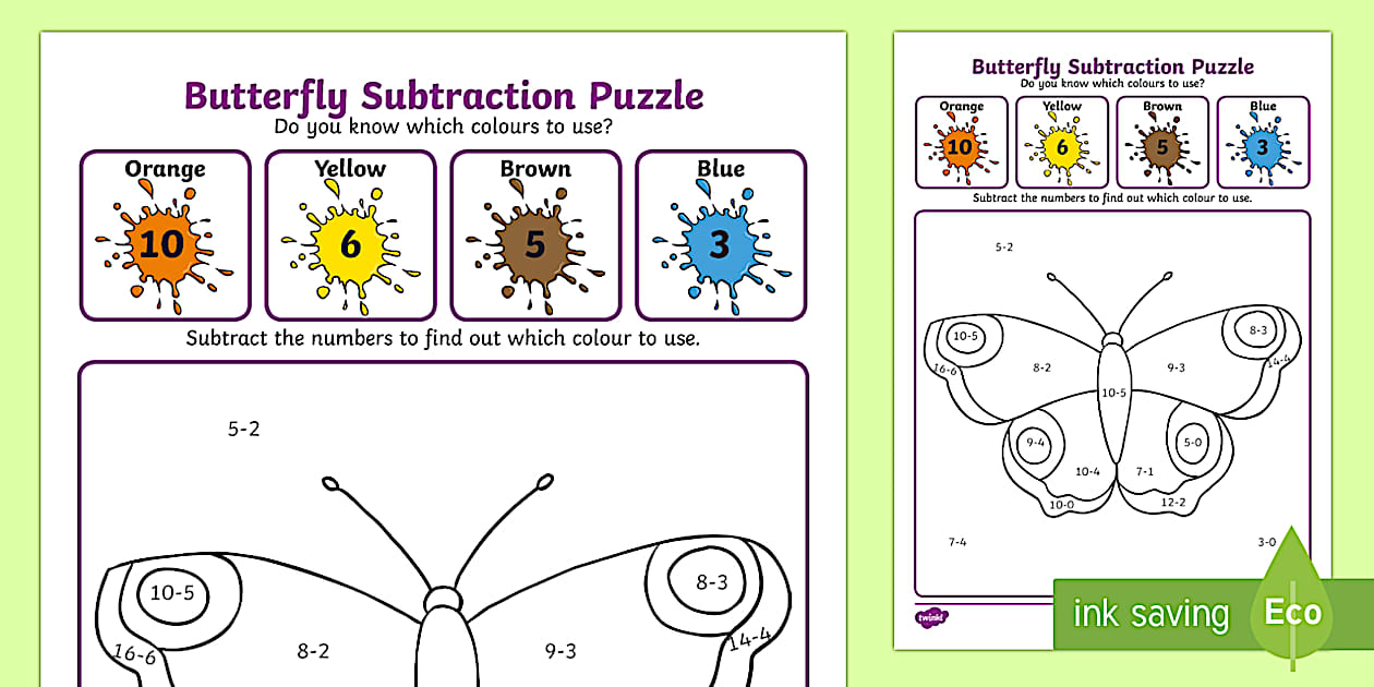 Butterfly Subtraction Puzzle (0-10) - Minibeasts - Twinkl