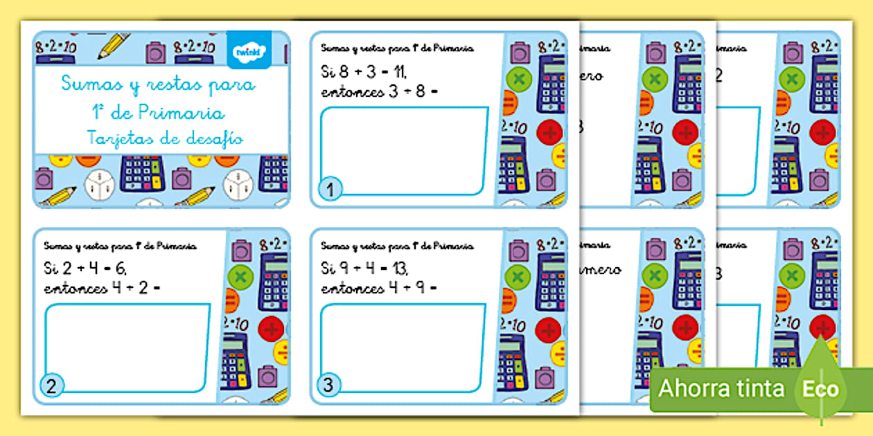 Tarjetas de desafío: Sumas y restas para 1º de Primaria