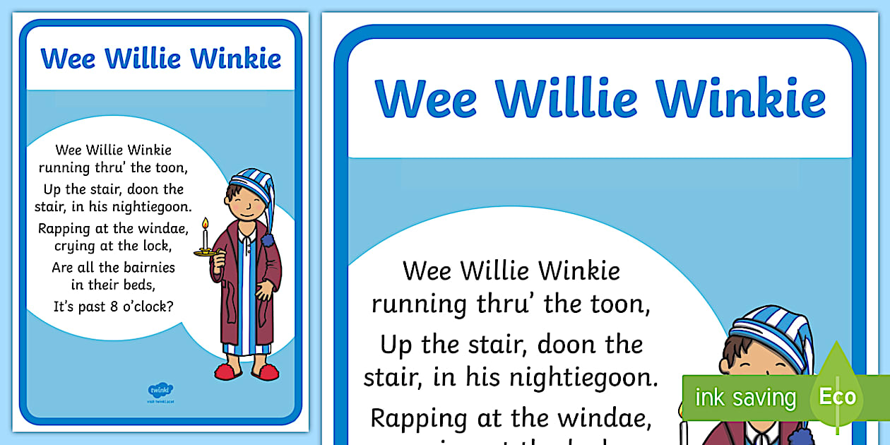 Black and White Wee Willie Winkie Lyrics A4 Display Poster