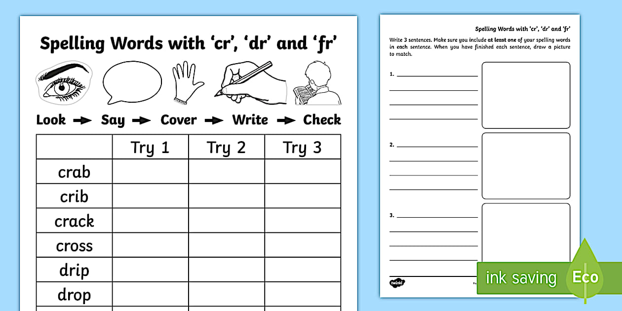 Editable 'cr', 'dr' and 'fr' Spelling List Worksheets