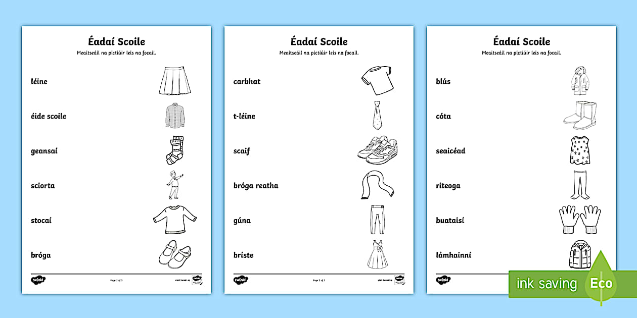 School Clothes Matching Clothes and Pictures Gaeilge Worksheets - Gaeilge