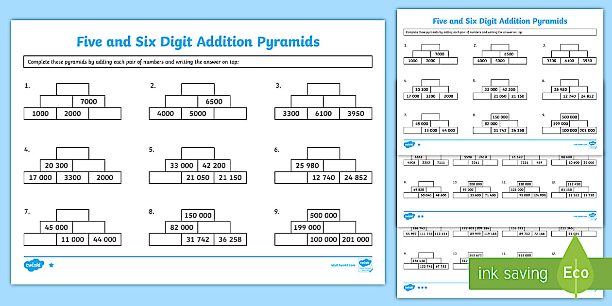 Editable 5/6 Digit Addition Pyramids Worksheet - Twinkl