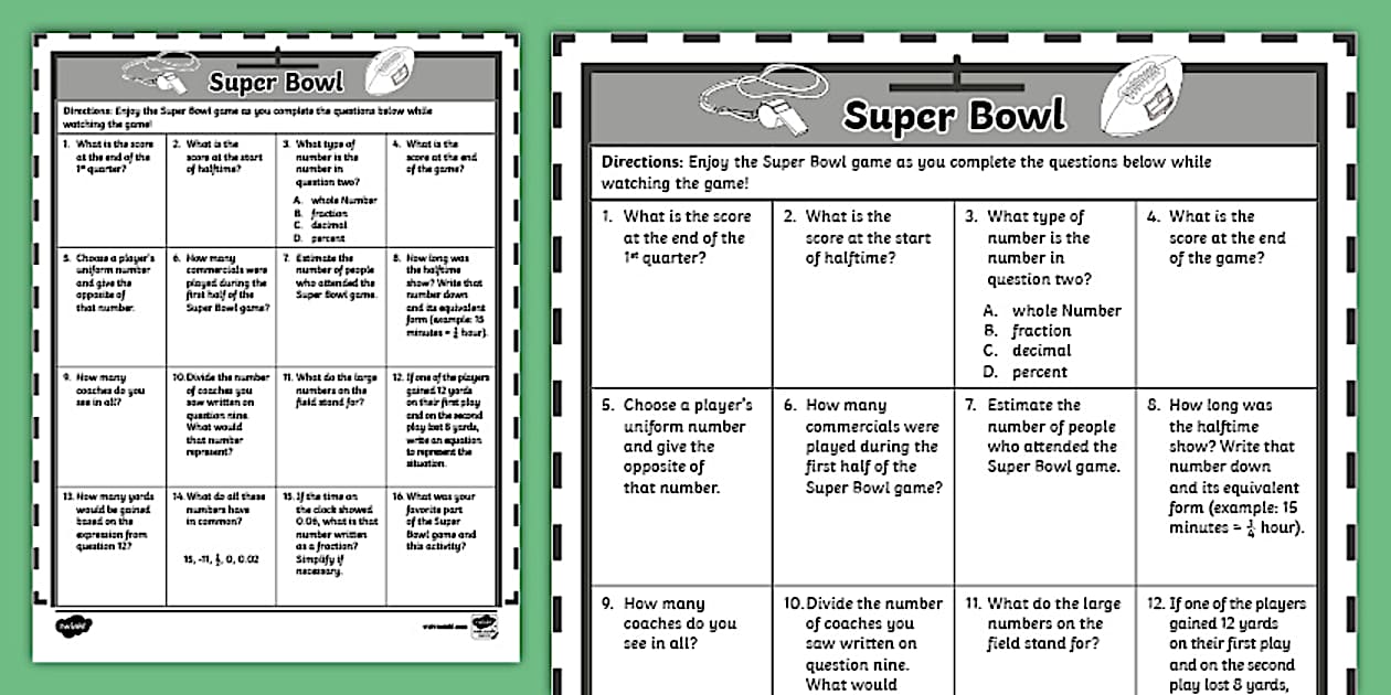 Super Bowl Activity Sheet for 6th-8th Grade (teacher made)