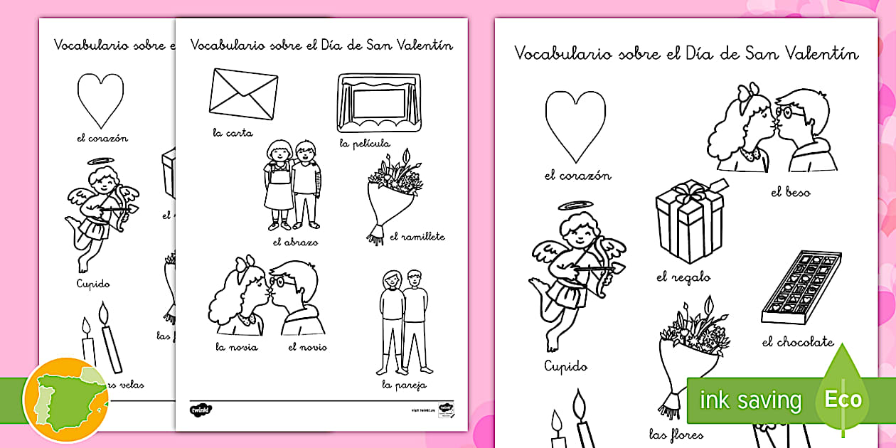 Hojas de colorear: Vocabulario sobre el Día de San Valentín