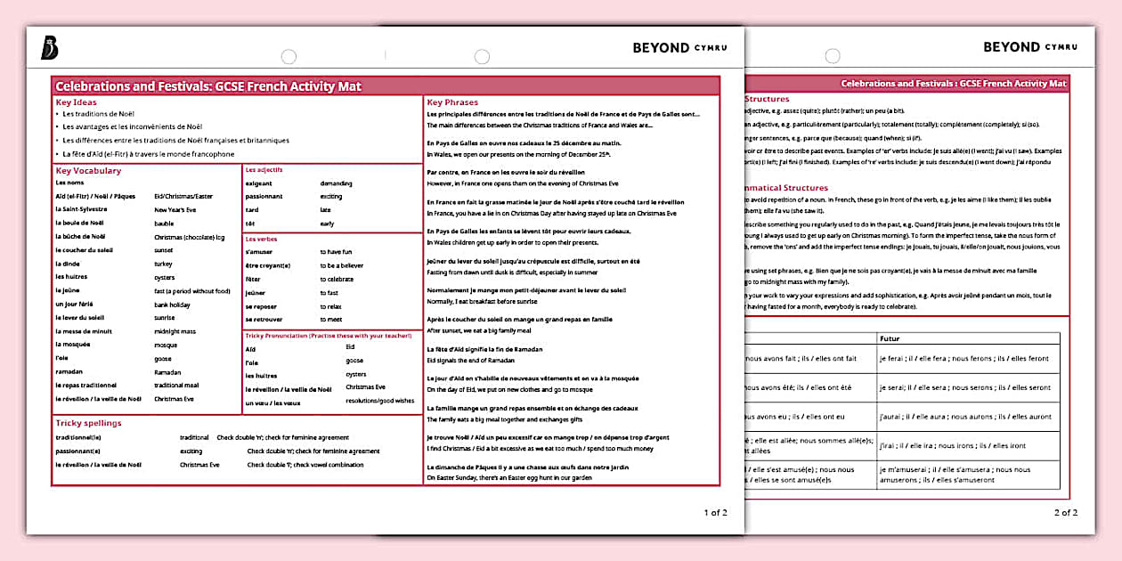 Celebrations and Festivals: GCSE French Activity Mat