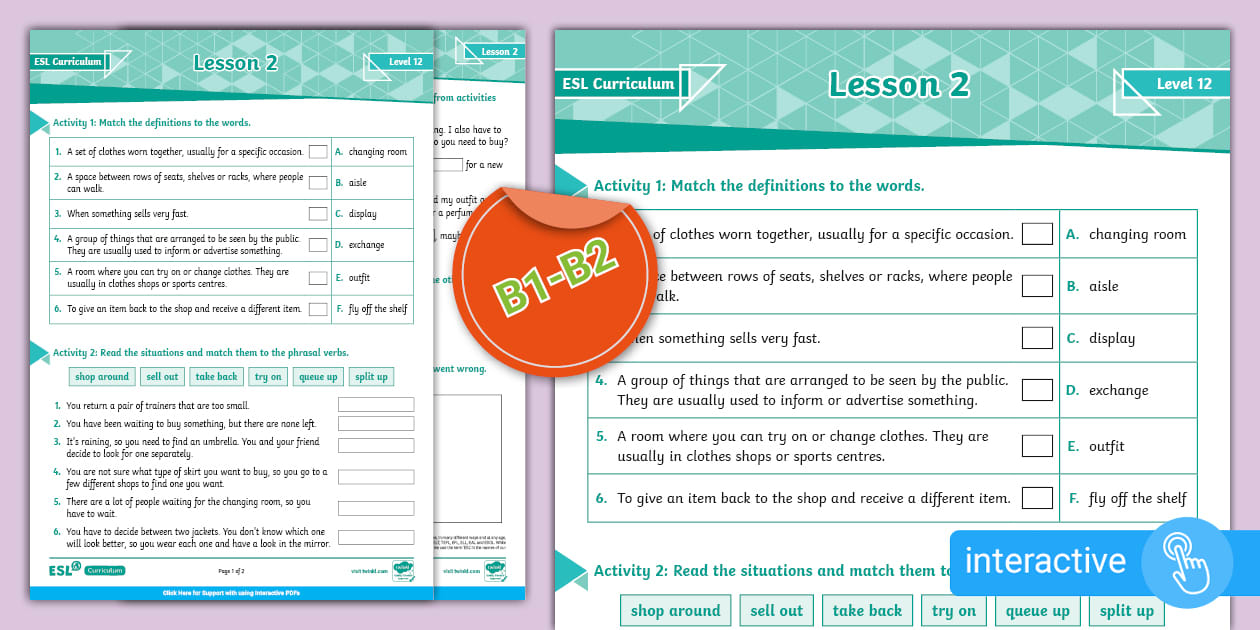 ESL Curriculum Level 12, Lesson 2 Activity Sheet - Twinkl