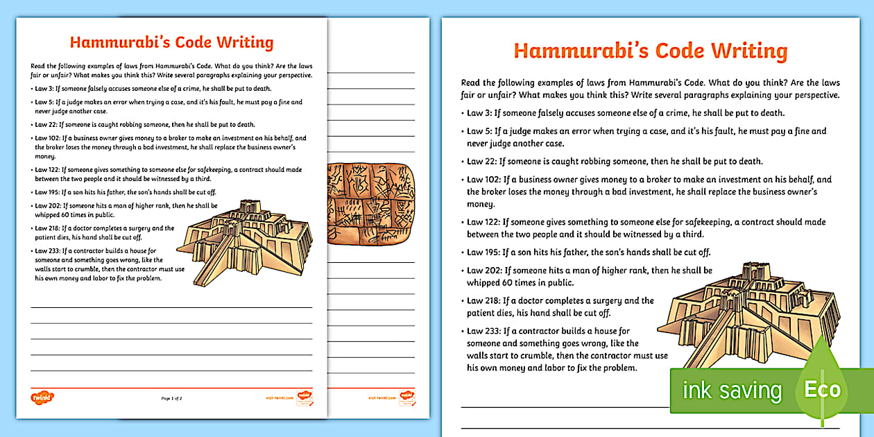 Hammurabi's Code Writing Worksheet (Teacher-Made) - Twinkl
