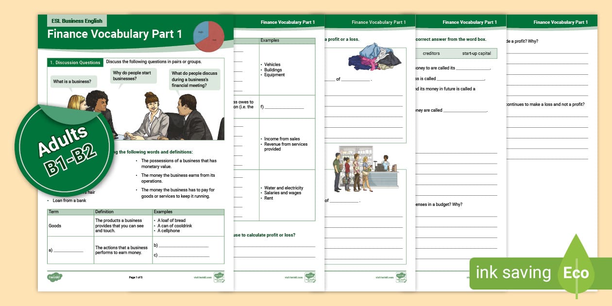 ESL Business English: Finance Vocabulary Part 1 Worksheet