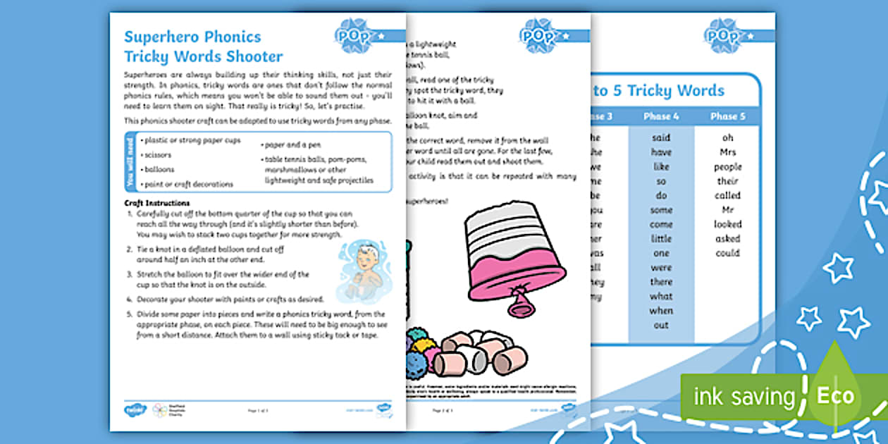 Superhero Phonics Tricky Words Shooter Craft and Activity