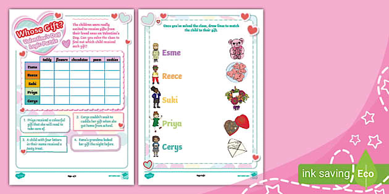 Whose Gift? Valentine's Day Logic Puzzle (Ages 5 - 7)