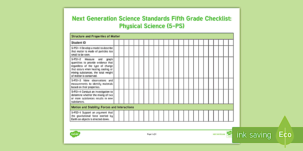 Next Generation Science Standards Fifth Grade Student Checklist