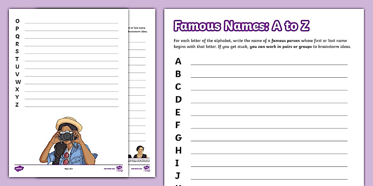 Famous Names: A to Z Worksheet (teacher made) - Twinkl