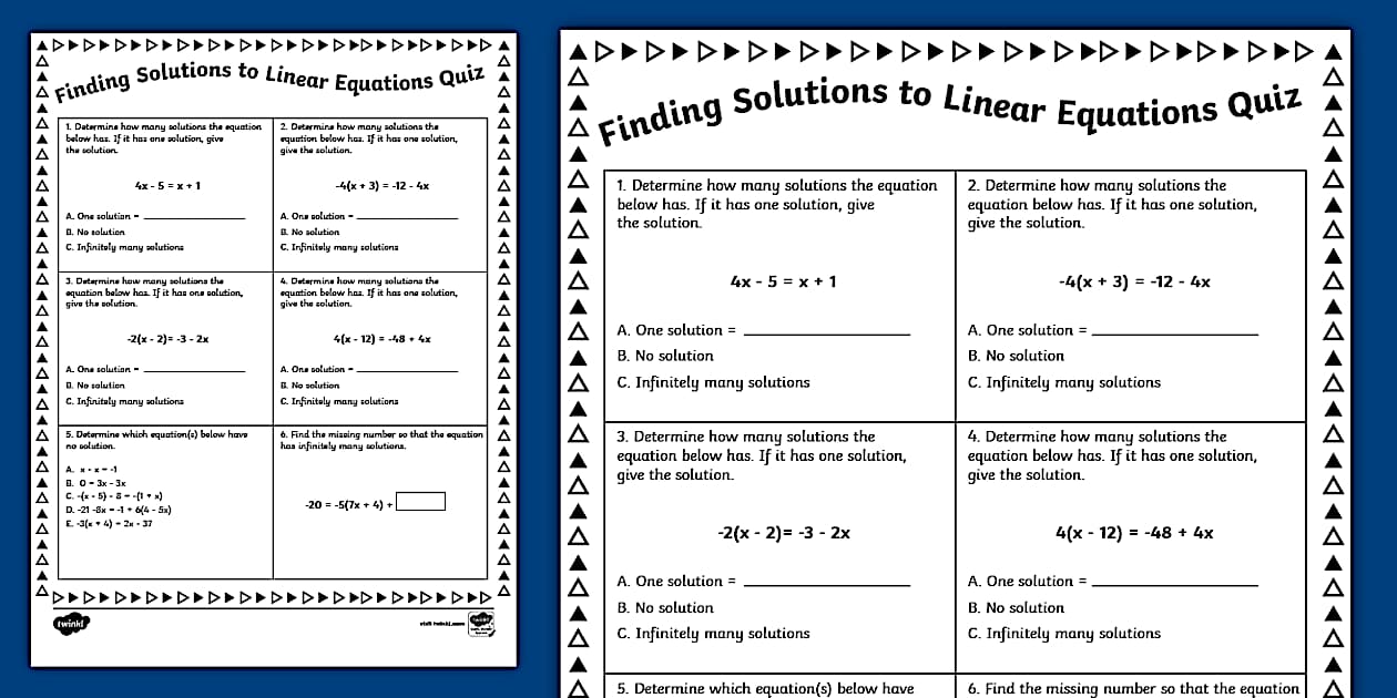 Eighth Grade Finding Solutions to Linear Equations Quiz