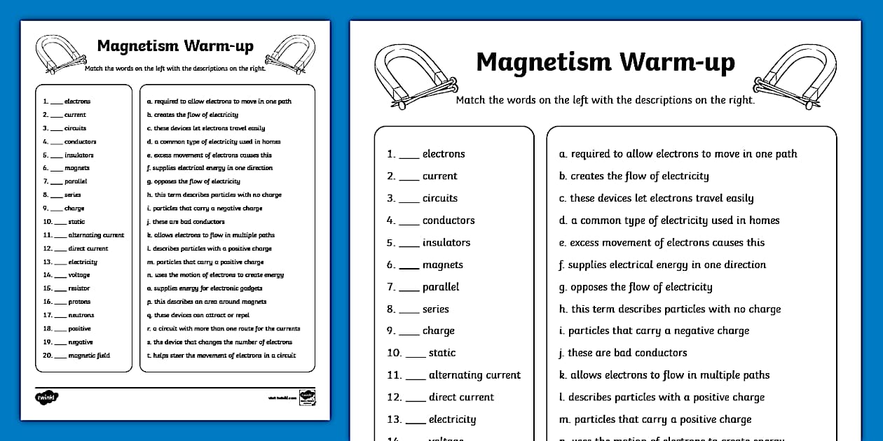 Magnetism Matching Activity Warm-up Worksheet for 3rd-5th Grade