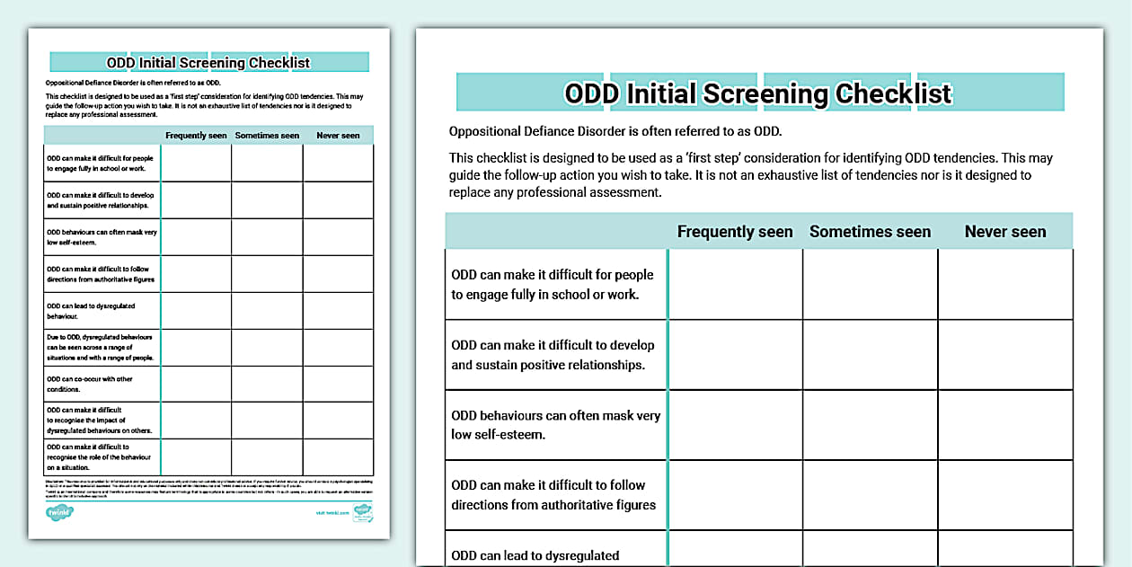 ODD Initial Screening Checklist (Teacher-Made) - Twinkl