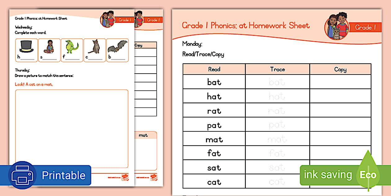 Grade 1 Phonics: -at Homework Sheet (teacher made) - Twinkl