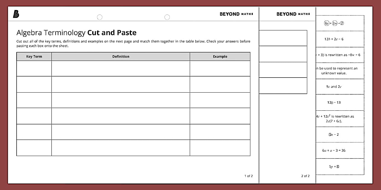 Algebra Terminology Cut and Paste Activity - Beyond Maths