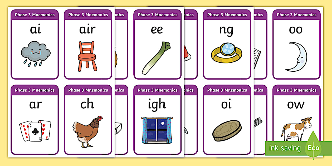 Large Phase 3 Mnemonic Word / Image Cards (teacher made)