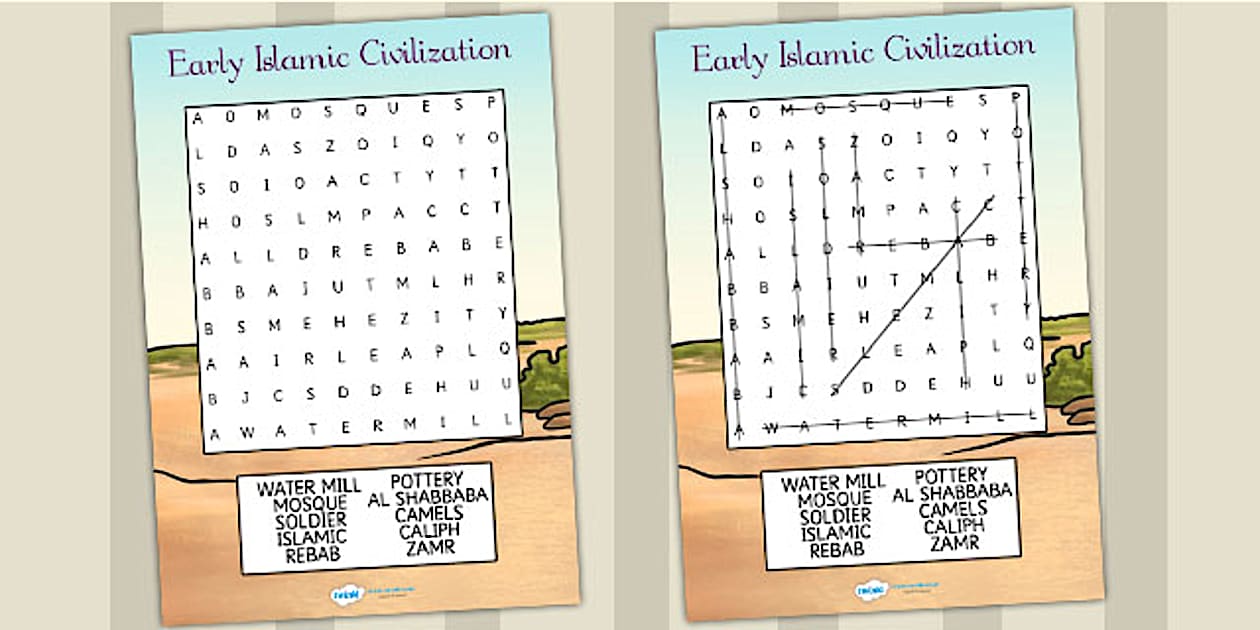 Black and White Early Islamic Civilization Differentiated Word Search