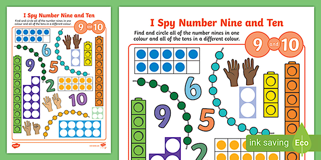 I Spy Number 9 and 10 Worksheet (teacher made) - Twinkl