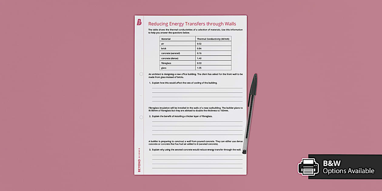 Reducing Energy Transfer Through Walls Worksheet - Twinkl