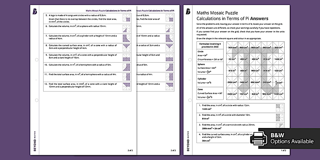 👉 Pi day - Maths Mosaic - Calculating in Terms of Pi