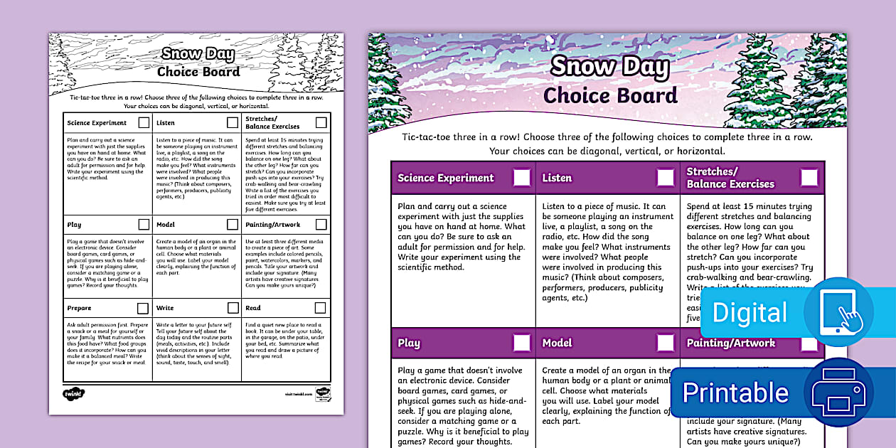 Snow Day Choice Board for 3rd-5th Grade (teacher made)