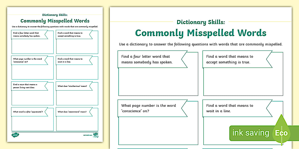 Commonly Misspelled Words Dictionary Hunt (teacher made)