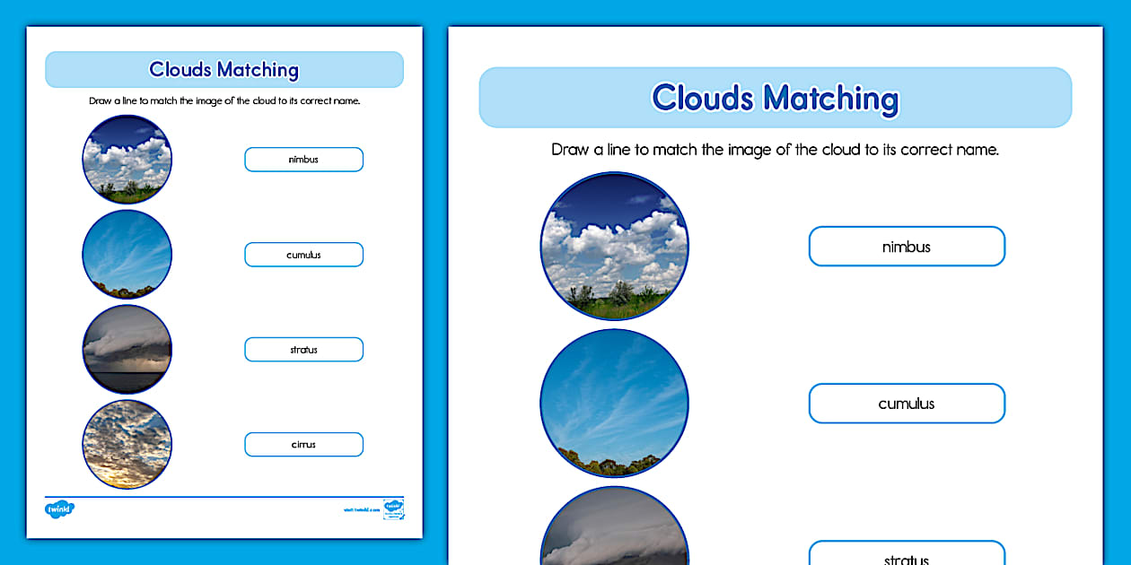 Clouds Matching Worksheet for K-2nd Grade - Twinkl