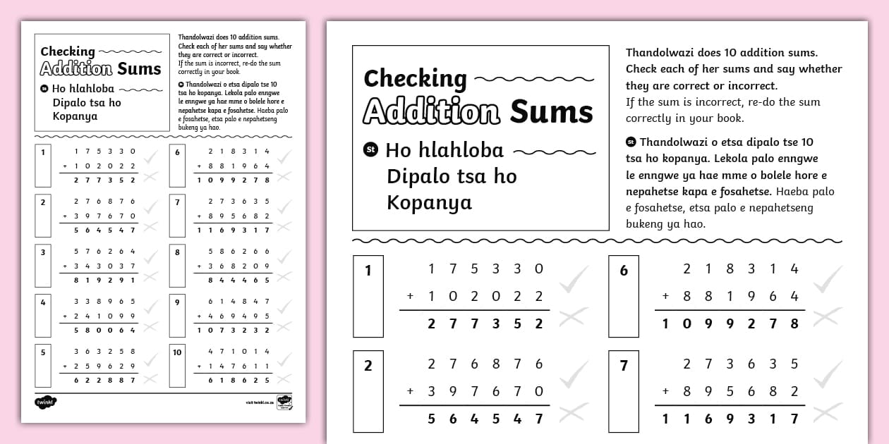 Checking Addition Sums Activity Sheet - Sesotho - Twinkl