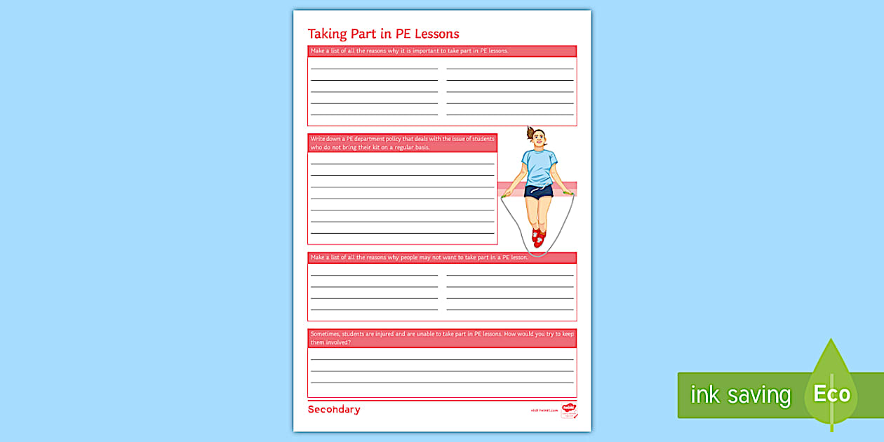 Taking Part in PE Lessons Worksheet - Twinkl