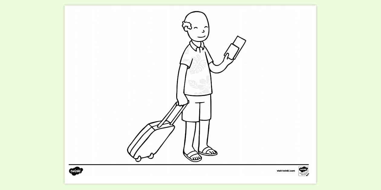 Tourist With Suitcase and Passport | Colouring Sheets