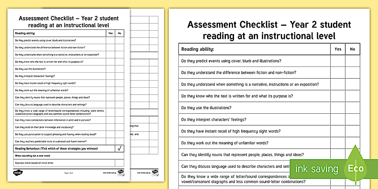 Year 2 Reading Assessment Checklist (Hecho por educadores)
