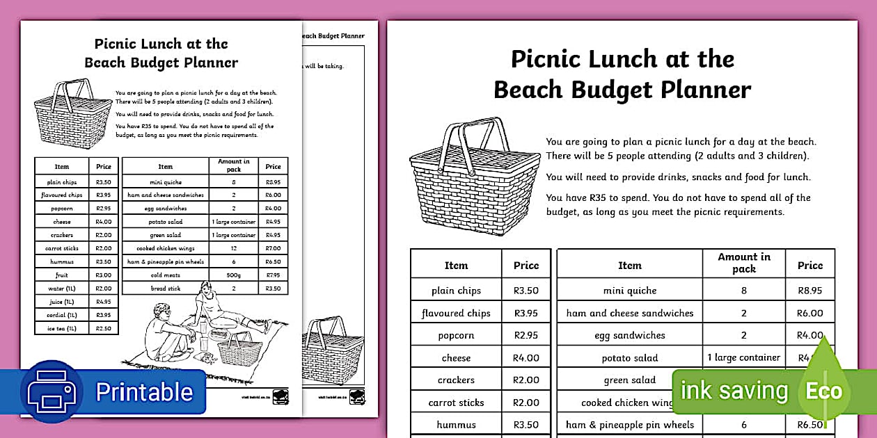 Working With Budgets Worksheet | Picnic At The Beach