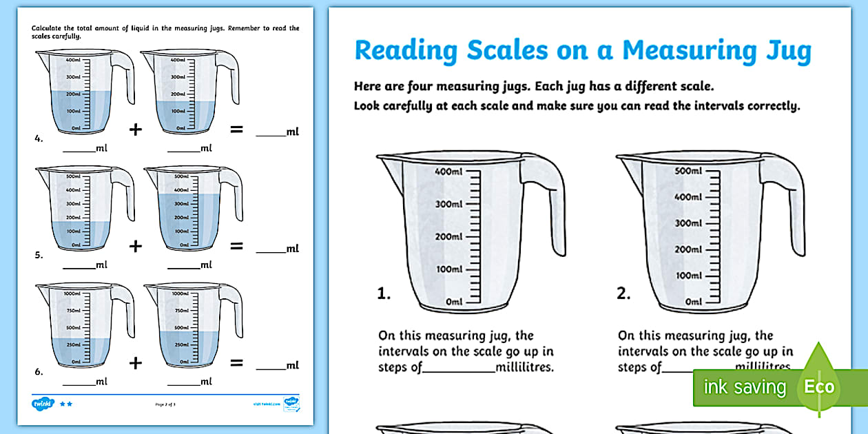 KS2 Maths Reading Scales on a Measuring Jug Differentiated Worksheets