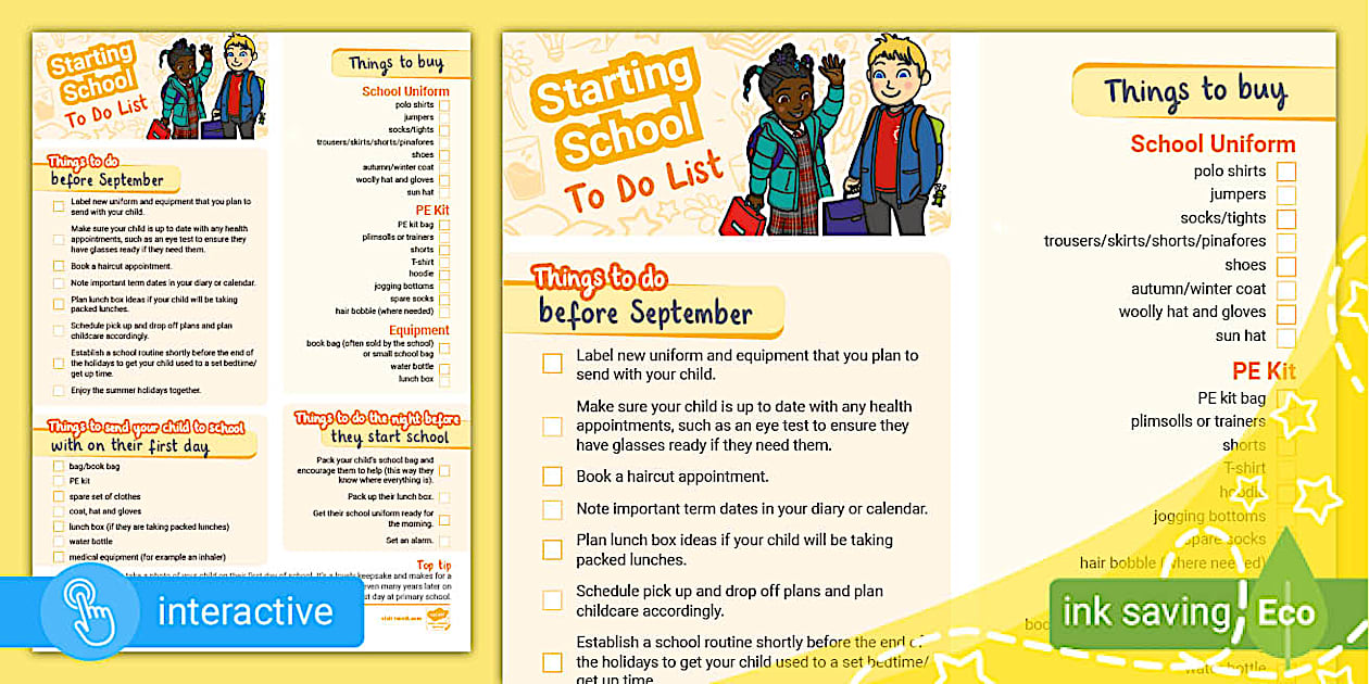 Starting School: To Do List for Parents - Twinkl