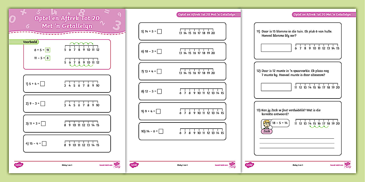 Optel en Aftrek Tot 20 Met 'N Getallelyn Aktiwiteite