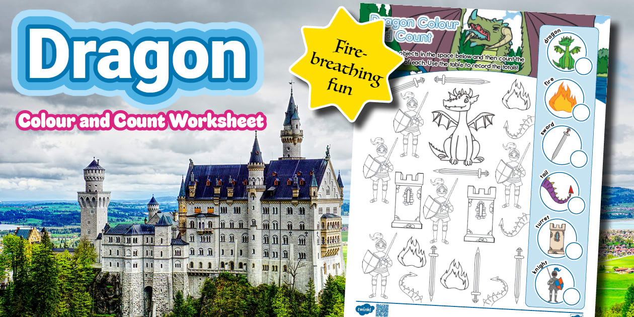 Dragon Colour and Count Worksheet