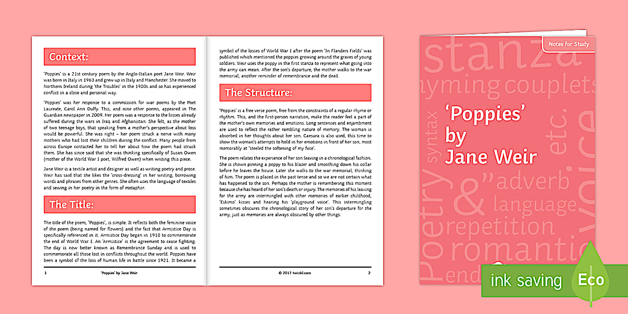 AQA Poetry: Poppies - Revision Notes (teacher made) - Twinkl