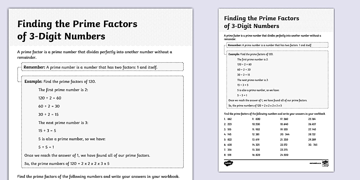 Finding the Prime Factors of 3-Digit Numbers Activity Sheet
