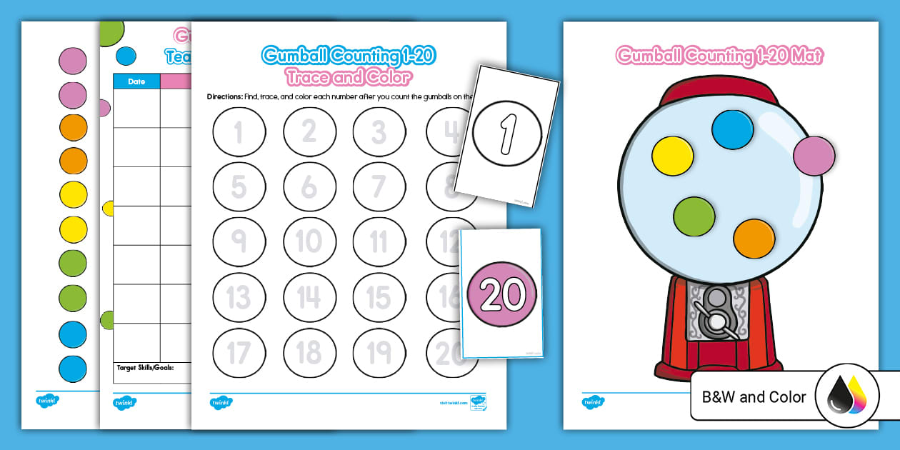 Gumball Counting 1-20 Small Group Worksheet for PreK-K