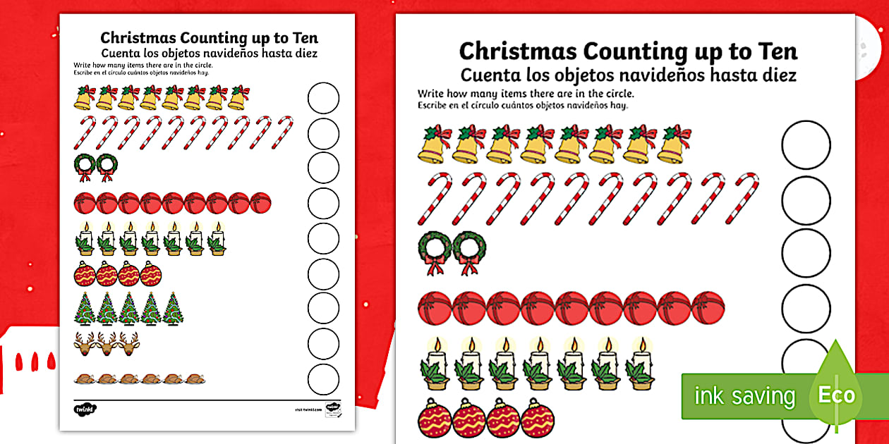 Counting at Christmas up to 10 Worksheet / Worksheet English/Spanish - EAL,