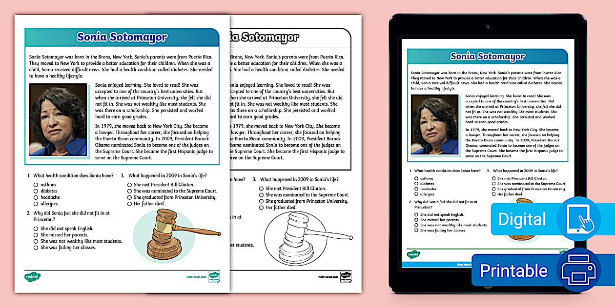 Sonia Sotomayor Reading Comprehension Worksheet | Twinkl USA