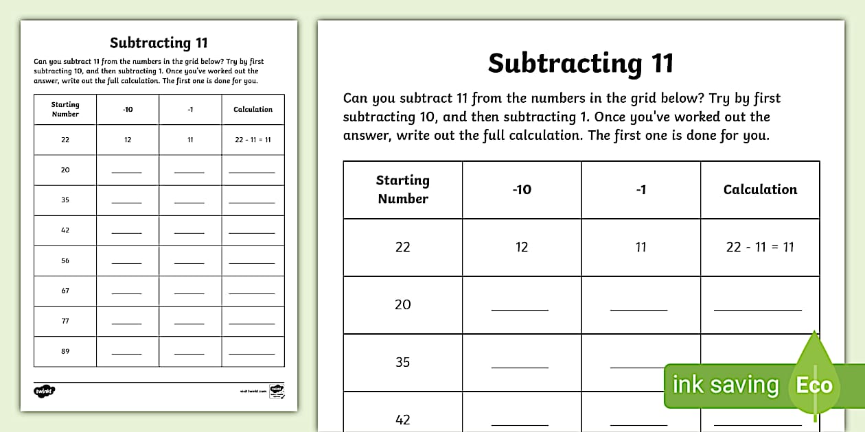Subtracting 11 Activity Sheet (teacher made) - Twinkl