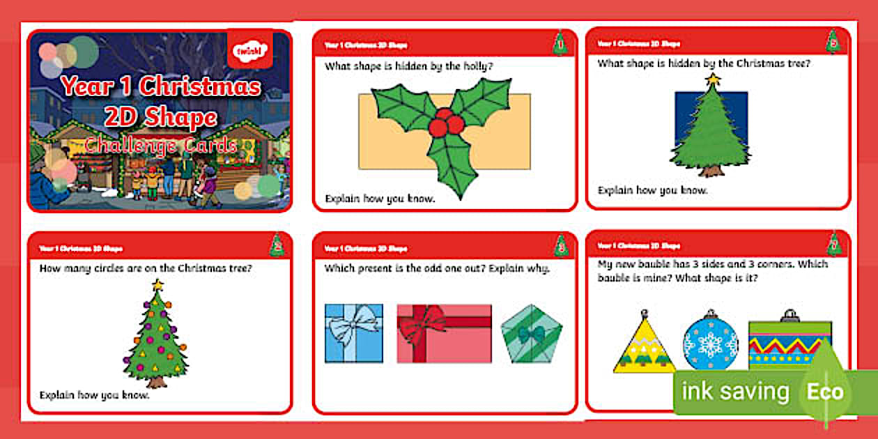 👉 Year 1 Christmas 2D Shape Challenge Cards - Twinkl