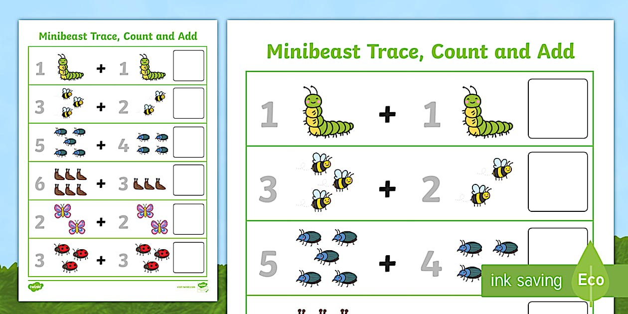 Minibeast Trace Count and Add Worksheet (teacher made)