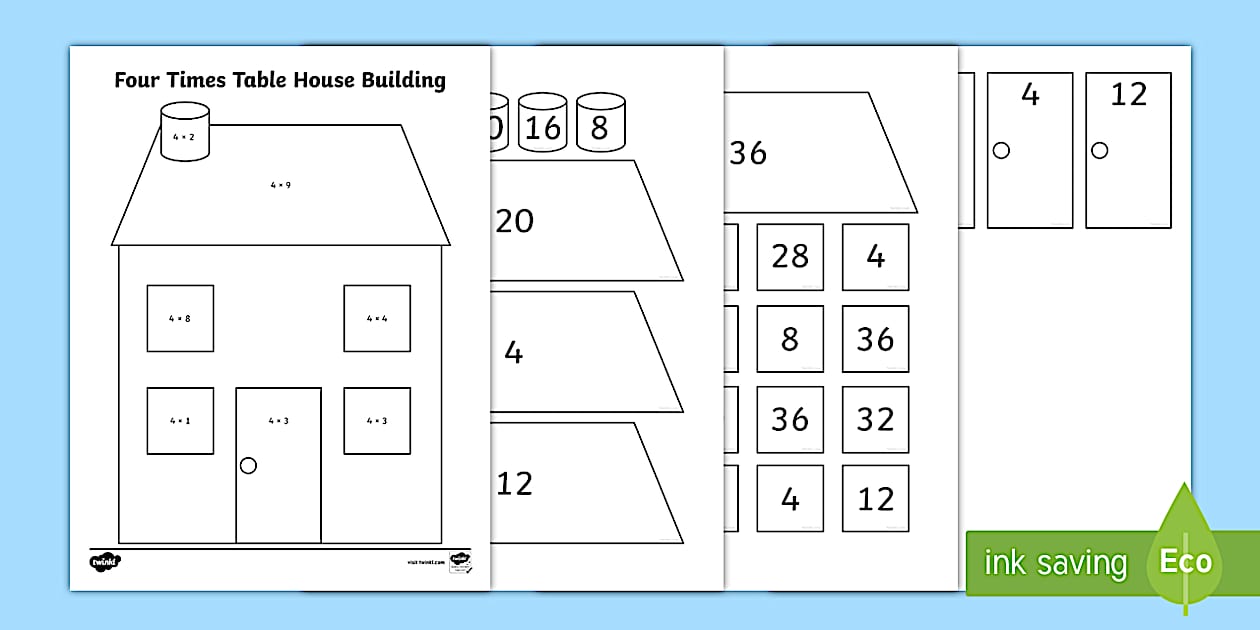 Four Times Table House Building Worksheet (teacher made)
