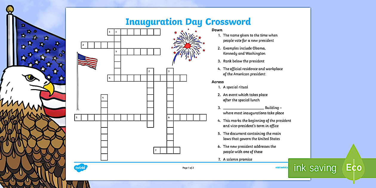 Black and White Inauguration Day Crossword - Twinkl
