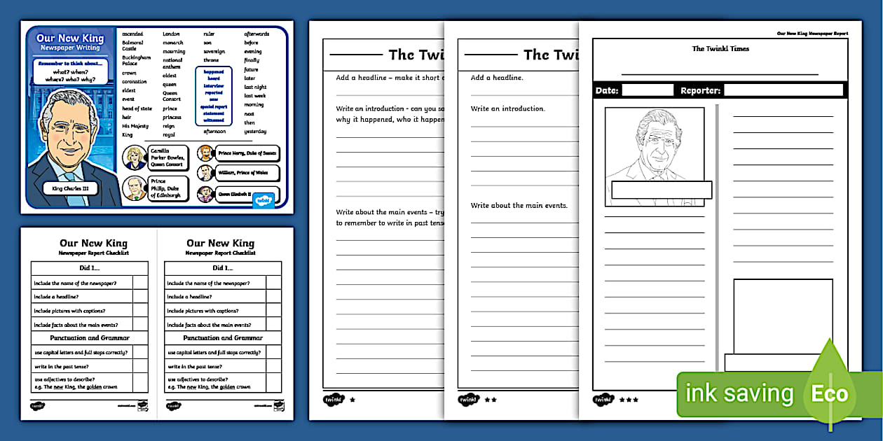 Our New King Newspaper Report Activity Pack (Ages 5-7)