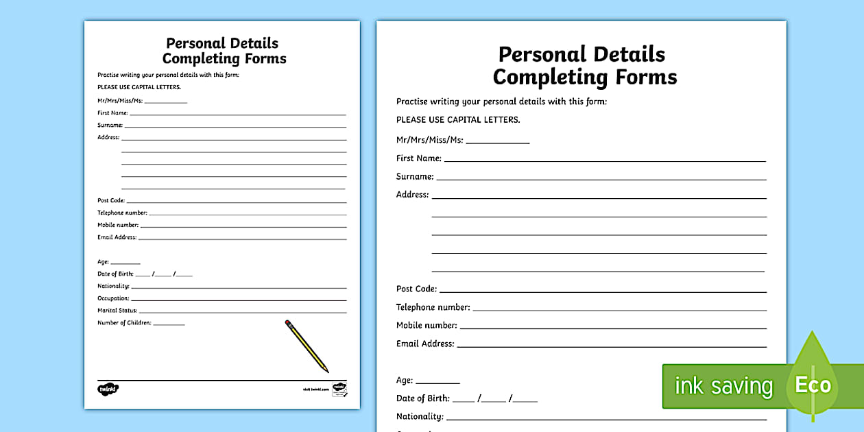 Editable Personal Details Mock Form Worksheet (teacher made)
